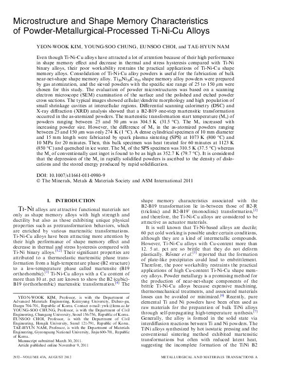 (PDF) Microstructure and Shape Memory Characteristics of Powder ...