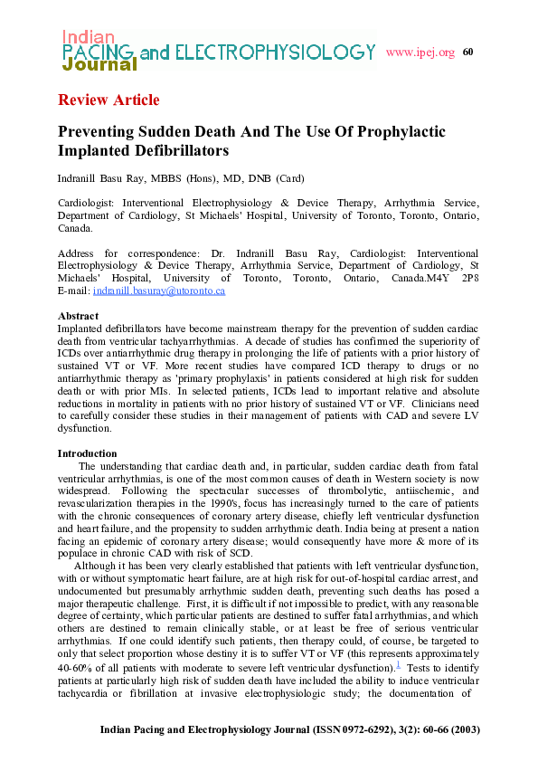(PDF) Preventing sudden death and the use of prophylactic implanted ...
