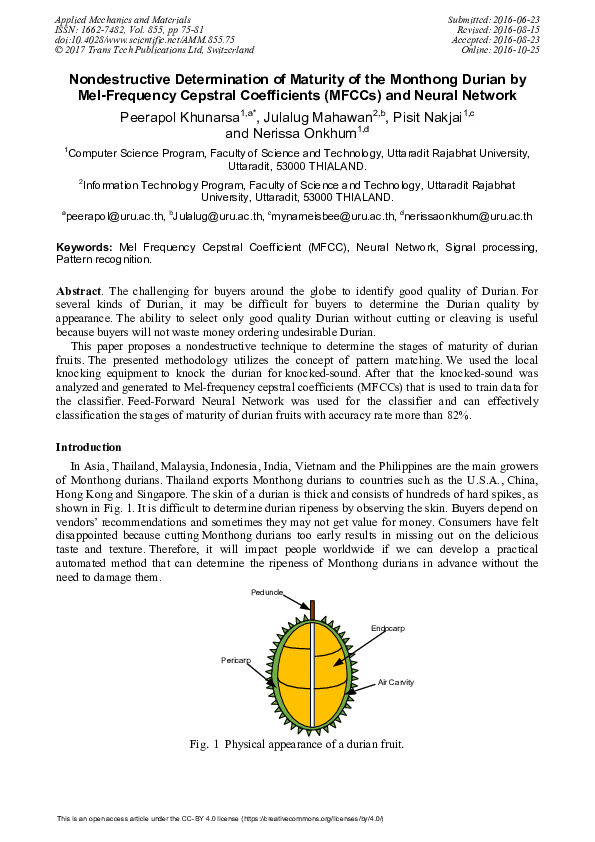 (PDF) Nondestructive Determination of Maturity of the Monthong Durian ...