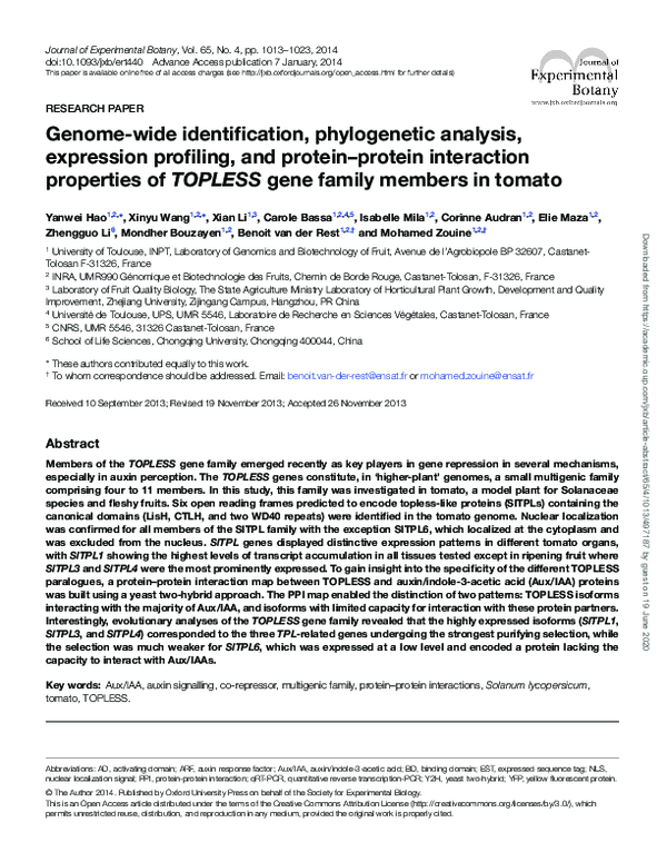 (PDF) Genome-wide identification, phylogenetic analysis, expression profiling, and protein ...