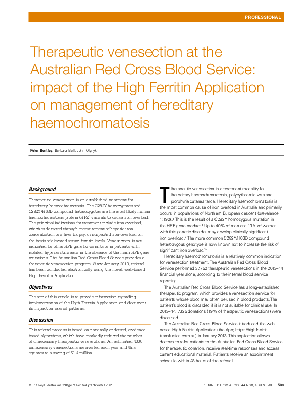 (PDF) Therapeutic venesection at the Australian Red Cross Blood Service: impact of the High ...