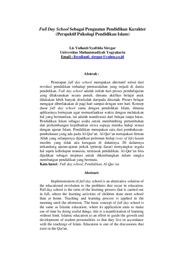 (PDF) Full Day School Sebagai Penguatan Pendidikan Karakter (Perspektif Psikologi Pendidikan Islam)