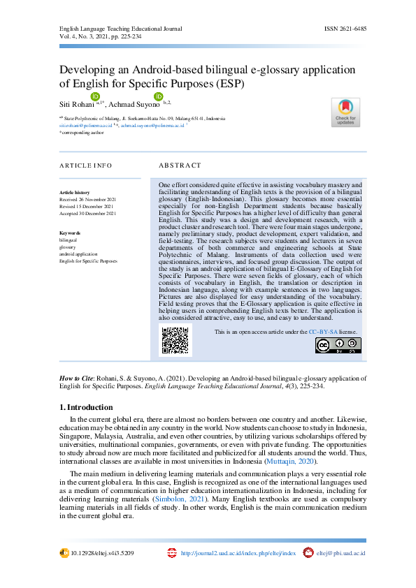 (PDF) Developing an Android-based bilingual e-glossary application of English for Specific ...
