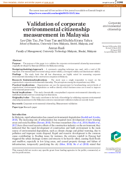 (PDF) Validation of corporate environmental citizenship measurement in Malaysia
