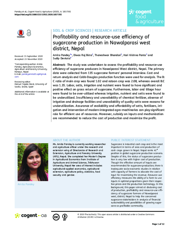 (PDF) Profitability and resource-use efficiency of sugarcane production in Nawalparasi west ...