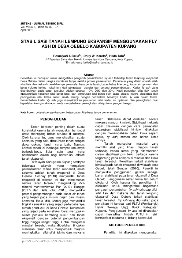 (PDF) Stabilisasi Tanah Lempung Ekspansif Menggunakan Fly Ash Di Desa Oebelo Kabupaten Kupang