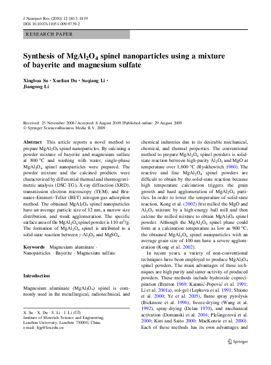(PDF) Synthesis of MgAl2O4 spinel nanoparticles using a mixture of ...