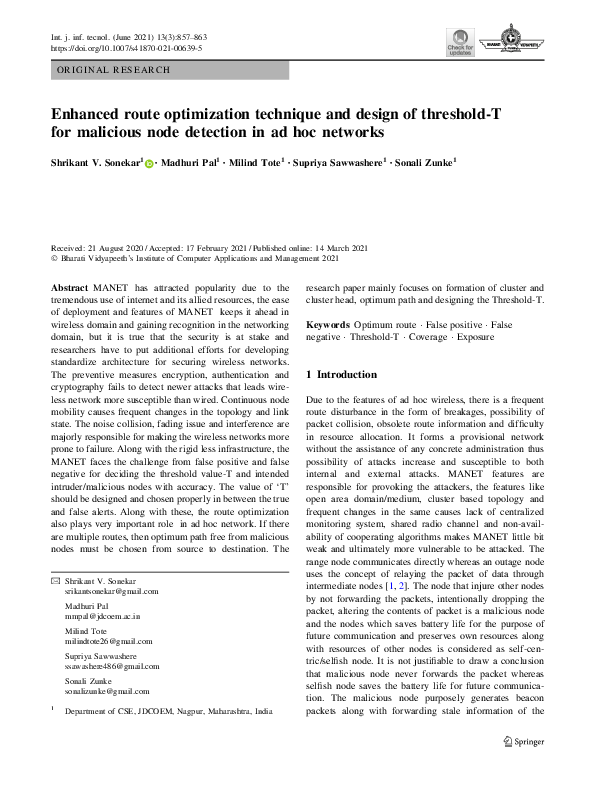 Pdf Enhanced Route Optimization Technique And Design Of Threshold T For Malicious Node 