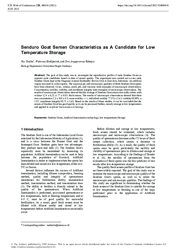 (PDF) Senduro Goat Semen Characteristics as A Candidate for Low ...
