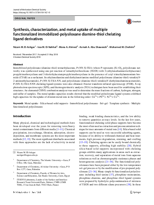 (PDF) Synthesis, characterization, and metal uptake of multiple functionalized immobilized ...