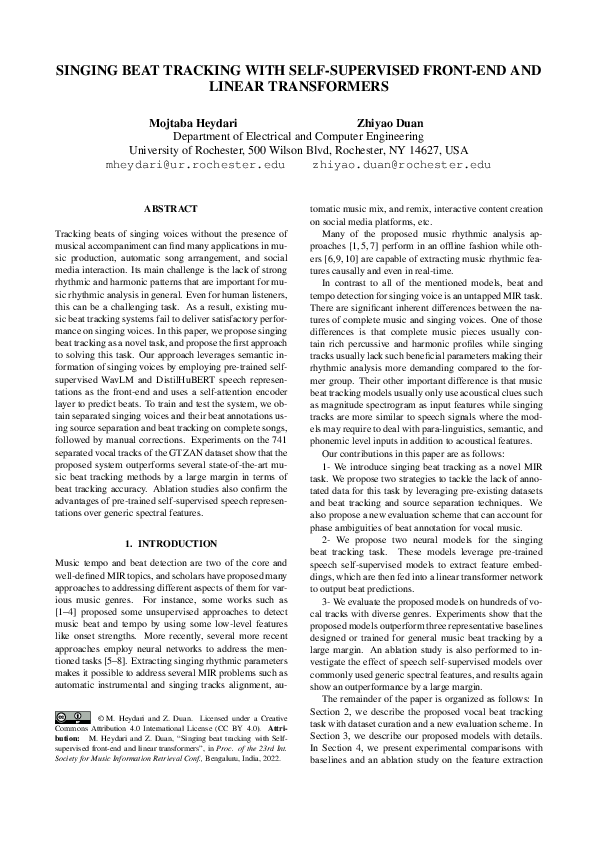 Pdf Singing Beat Tracking With Self Supervised Front End And Linear Transformers
