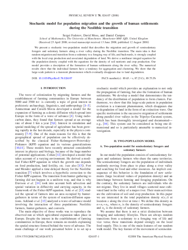 Pdf Stochastic Model For Population Migration And The Growth Of Human Settlements During The