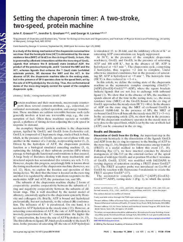 (PDF) Setting the chaperonin timer: a two-stroke, two-speed, protein ...