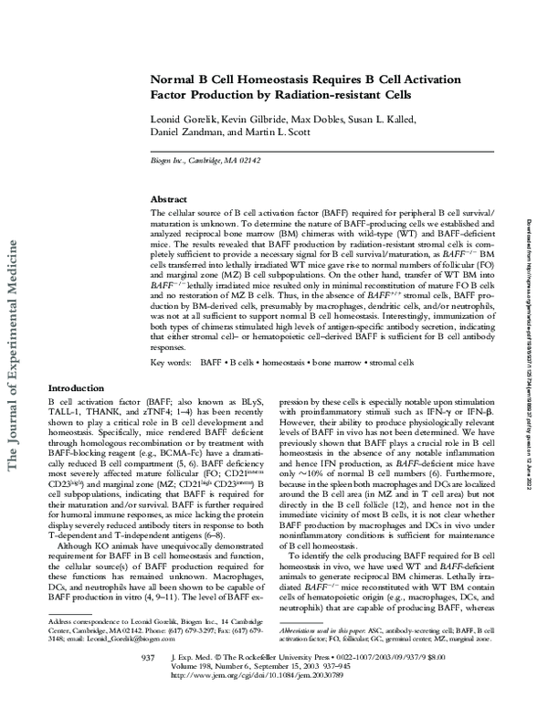 (PDF) Normal B Cell Homeostasis Requires B Cell Activation Factor ...