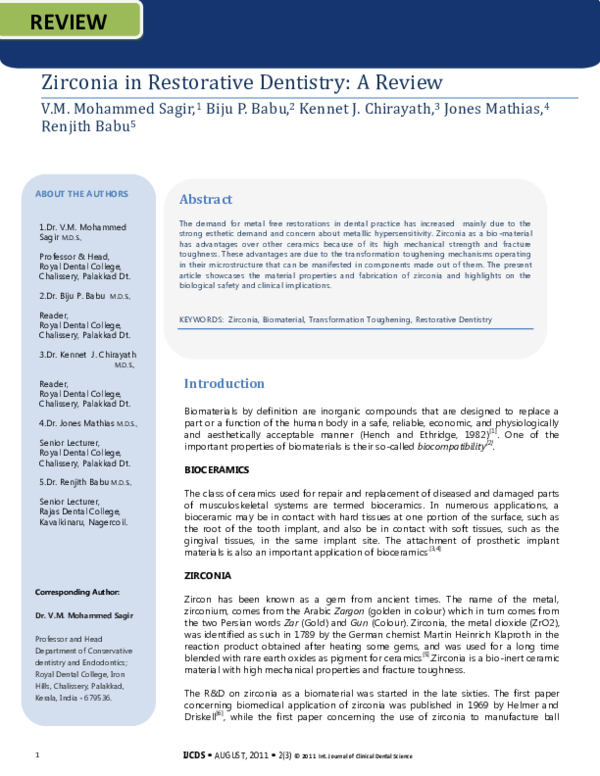 (PDF) Zirconia in Restorative Dentistry: A review