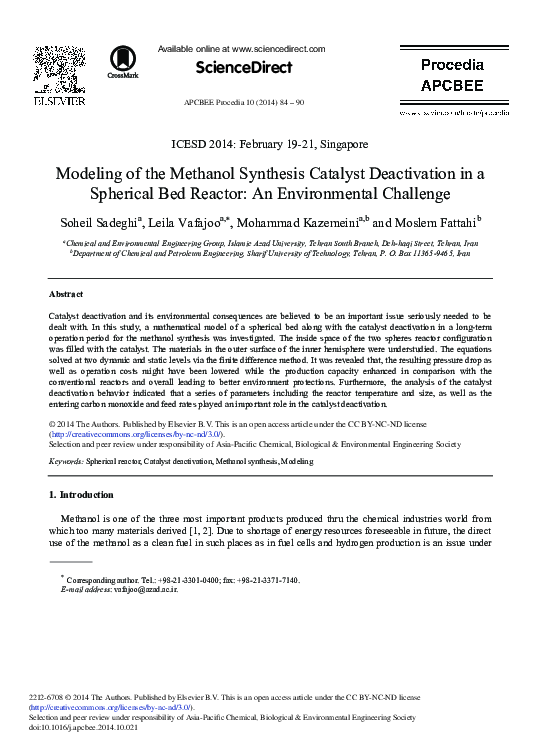 Pdf Modeling Of The Methanol Synthesis Catalyst Deactivation In A Spherical Bed Reactor An
