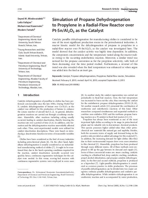 (PDF) Simulation of Propane Dehydrogenation to Propylene in a Radial-Flow Reactor over Pt-Sn ...