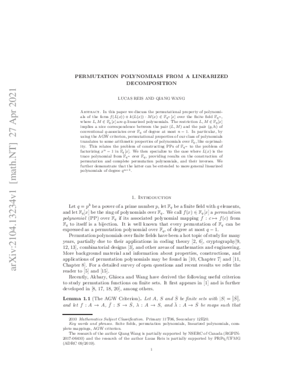 Pdf Permutation Polynomials From A Linearized Decomposition Lucas