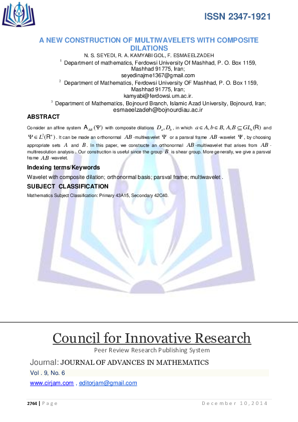 (PDF) A New Construction of Multiwavelets with Composite Dilations