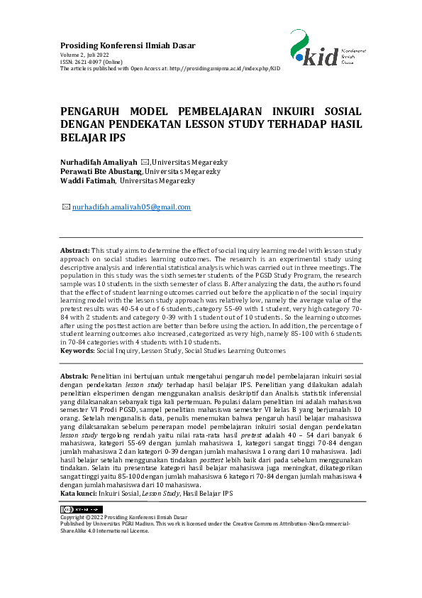 (PDF) PENGARUH MODEL PEMBELAJARAN INKUIRI SOSIAL DENGAN PENDEKATAN LESSON STUDY TERHADAP HASIL ...