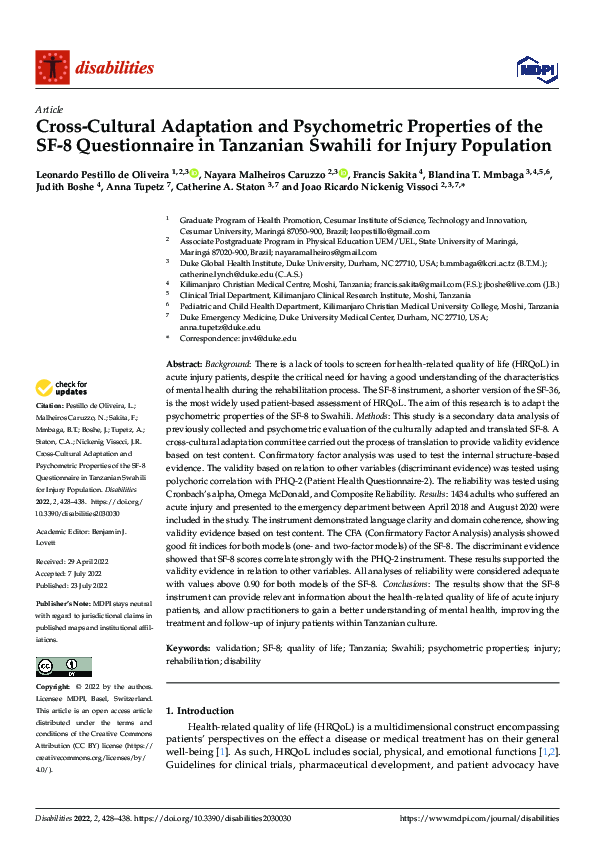 (PDF) Cross-Cultural Adaptation and Psychometric Properties of the SF-8 Questionnaire in ...