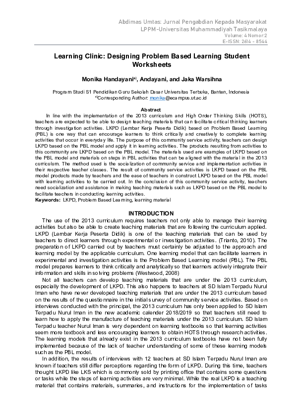 (PDF) Learning Clinic: Designing Problem Based Learning Student Worksheets | Jaka Warsihna ...