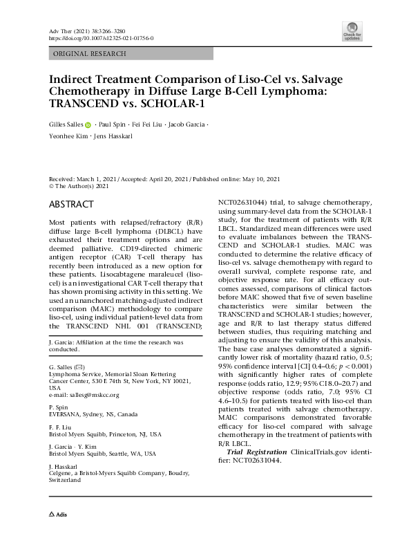 (PDF) Indirect Treatment Comparison of Liso-Cel vs. Salvage Chemotherapy in Diffuse Large B-Cell ...