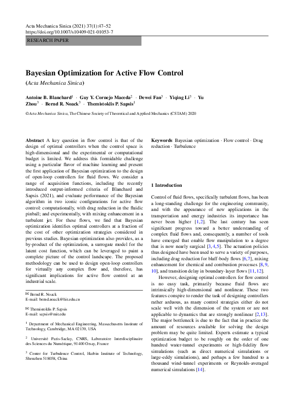 Pdf Bayesian Optimization For Active Flow Control