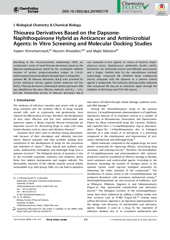 (PDF) Thiourea Derivatives Based on the Dapsone‐Naphthoquinone Hybrid as Anticancer and ...