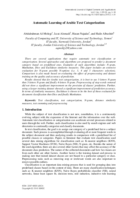 (PDF) Automatic Learning of Arabic Text Categorization