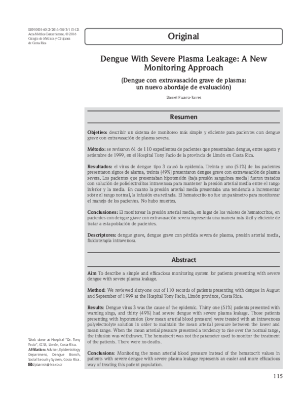Pdf Dengue With Severe Plasma Leakage A New Monitoring Approach