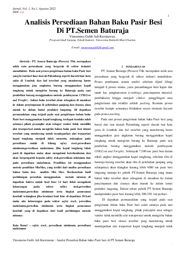 (PDF) Analisis Persediaan Bahan Baku Pasir Besi Di PT.Semen Baturaja