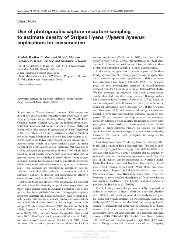 Pdf Use Of Photographic Capture Recapture Sampling To Estimate Density Of Striped Hyena