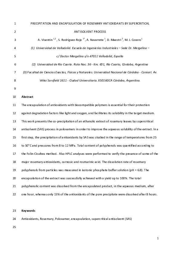 (PDF) Precipitation and encapsulation of rosemary antioxidants by ...