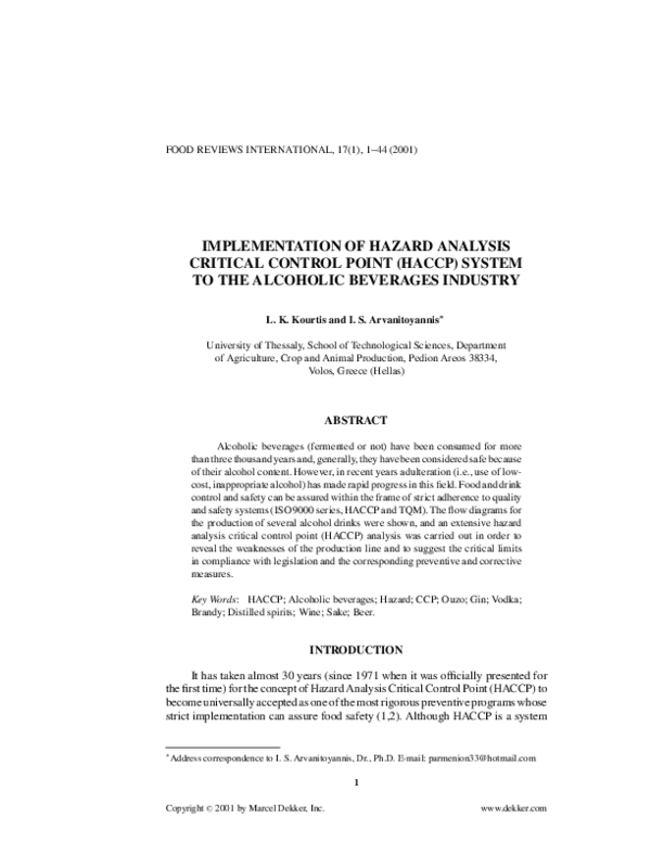 (PDF) IMPLEMENTATION OF HAZARD ANALYSIS CRITICAL CONTROL POINT (HACCP) SYSTEM TO THE ALCOHOLIC ...