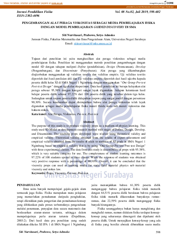 (PDF) Pengembangan Alat Peraga Viskositas Sebagai Media Pembelajaran Fisika Dengan Model ...