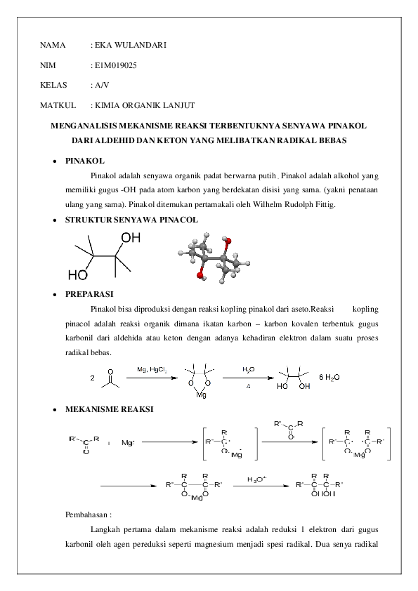 (PDF) MENGANALISIS MEKANISME REAKSI TERBENTUKNYA SENYAWA PINAKOL
