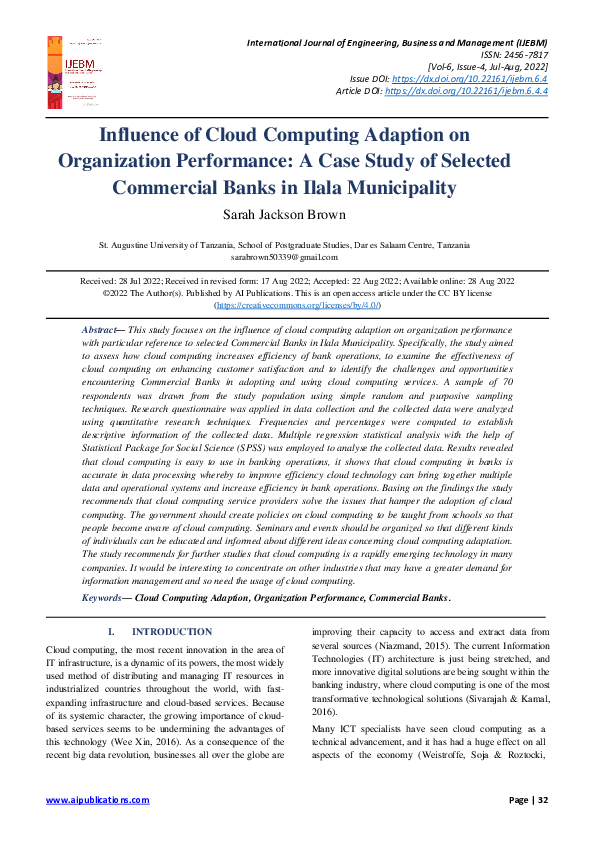 (PDF) Influence of Cloud Computing Adaption on Organization Performance: A Case Study of ...