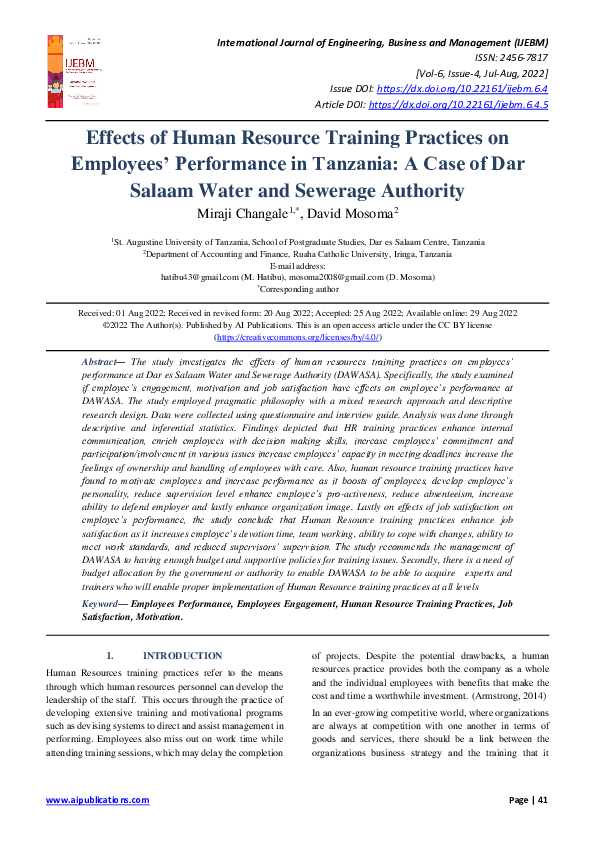 (PDF) Effects of Human Resource Training Practices on Employees' Performance in Tanzania: A Case ...