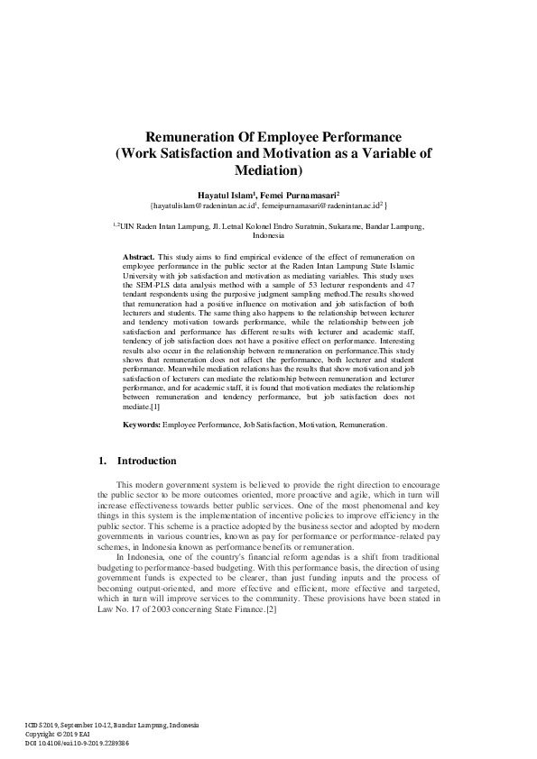 (PDF) Remuneration Of Employee Performance (Work Satisfaction and ...