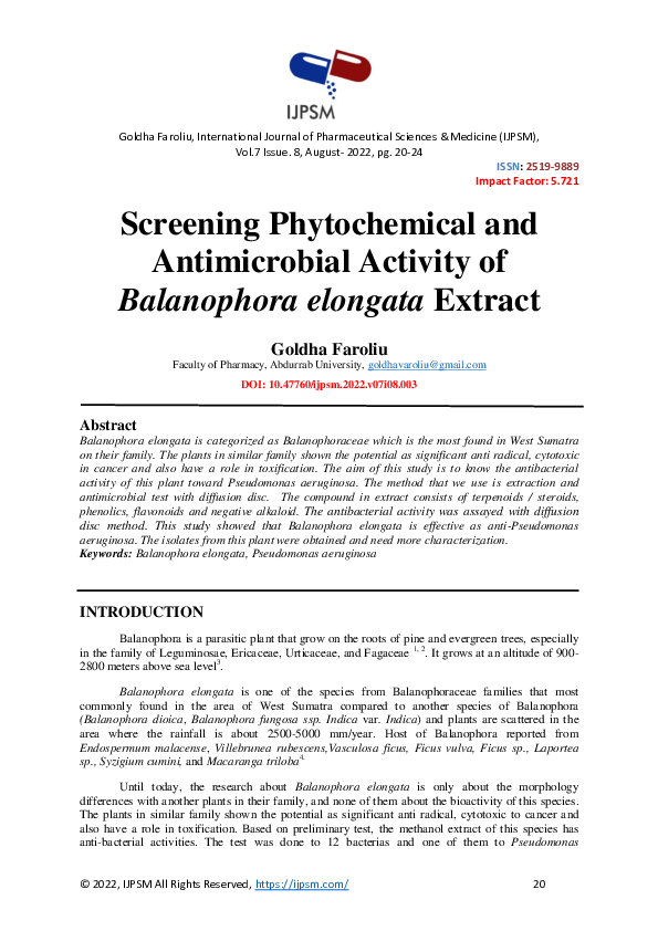 (PDF) Screening Phytochemical and Antimicrobial Activity of Balanophora elongata Extract