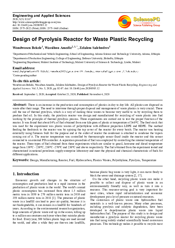 (PDF) Design of Pyrolysis Reactor for Waste Plastic Recycling