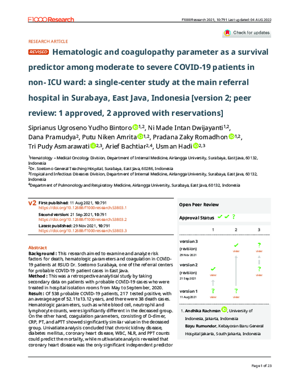(PDF) Hematologic and coagulopathy parameter as a survival predictor