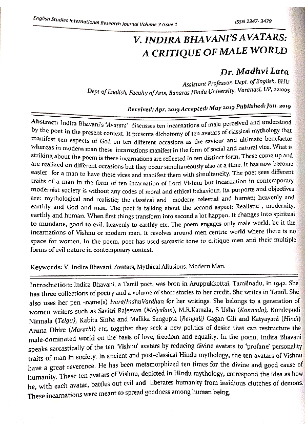 (PDF) Indira Bhavani's Avatars.ACritique Of Male World