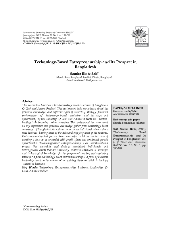 (PDF) Technology-Based Entrepreneurship and Its Prospect in Bangladesh
