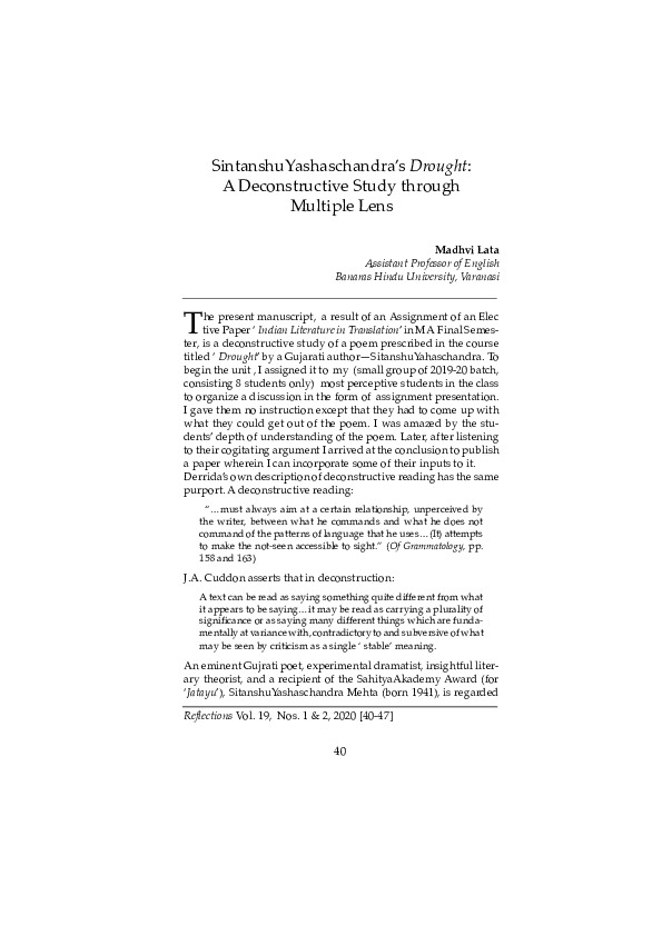 (PDF) SintanshuYashaschandra's Drought: A Deconstructive Study through ...