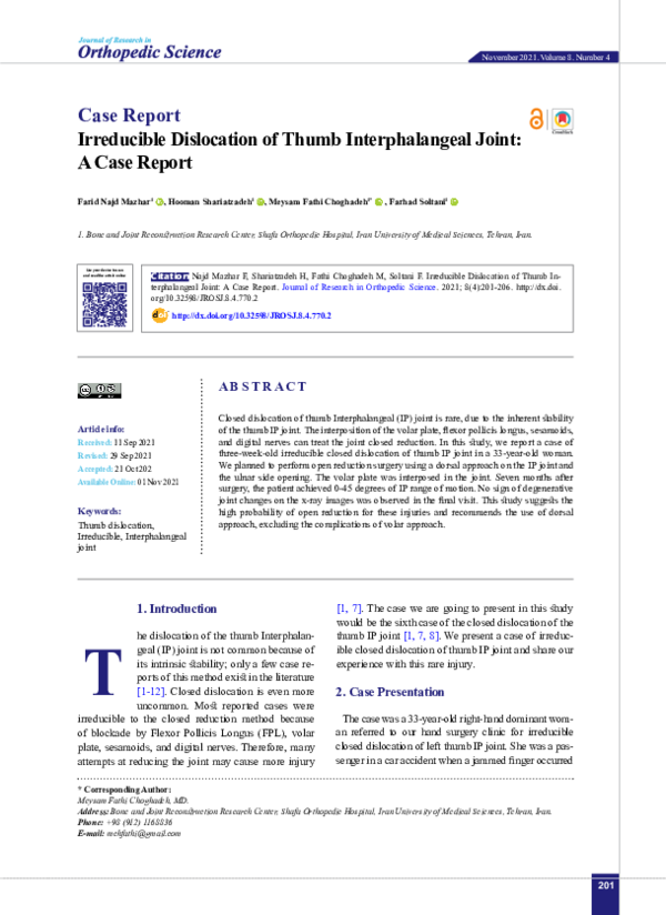 (PDF) Irreducible Dislocation of Thumb Interphalangeal Joint: A Case Report
