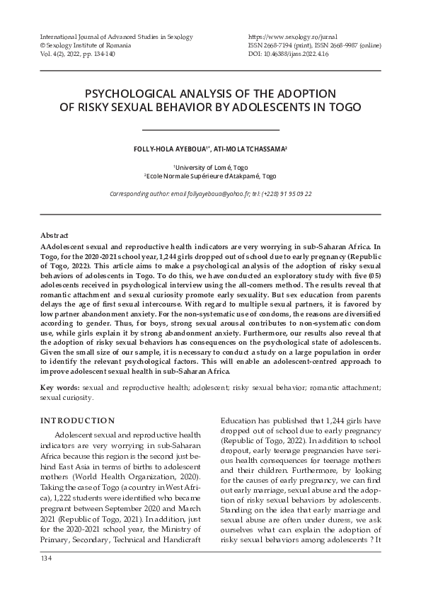 Pdf Psychological Analysis Of The Adoption Of Risky Sexual Behavior