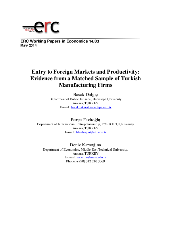 (PDF) Entry to foreign markets and productivity: Evidence from a ...