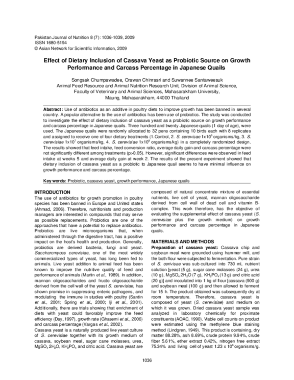 (PDF) Effect of Dietary Inclusion of Cassava Yeast as Probiotic Source on Growth Performance and ...